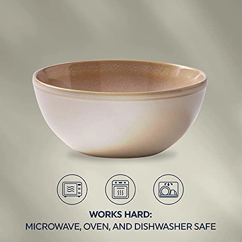 Corelle Stoneware 4-Pc Bowl Set, Handcrafted Artisanal Double Bead Bowls, Reactive Glaze Stoneware, 21-Oz Bowl Set, Oatmeal