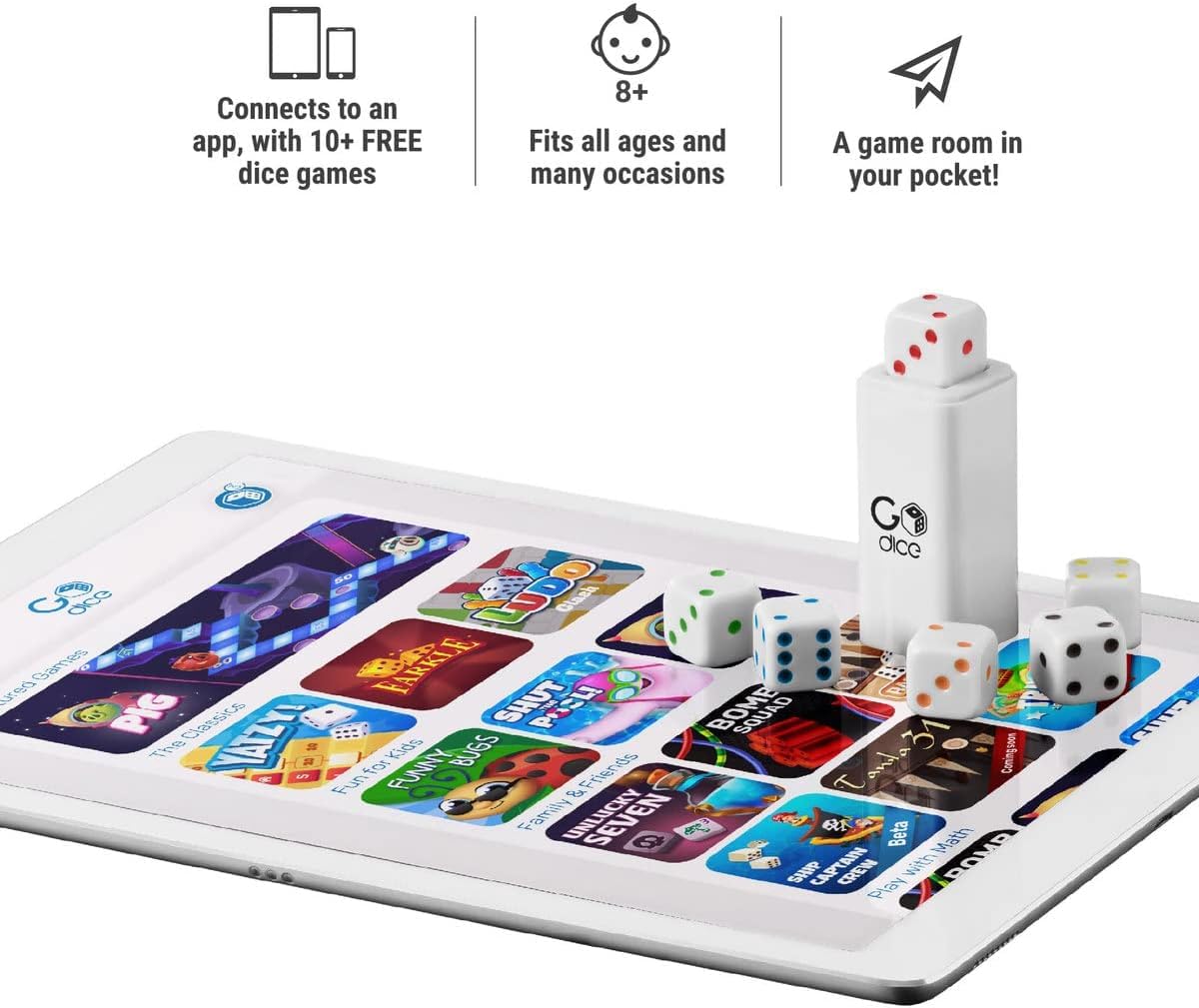 GoCube Ultimate GoDice Pack - 6 Smart Connected Dice, Rolling Tray, Cup and Extra Charger