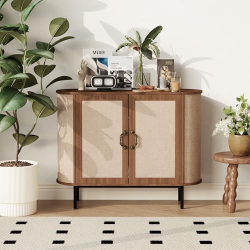 Janmer Home 39.4" Buffet Cabinet with Storage, Curved Storage Cabinet with 2 Doors, Boho Modern Accent Cabinet with Adjustable Shelves for Living Dining Room, Hallway, Entryway (39.4inch, Walnut)