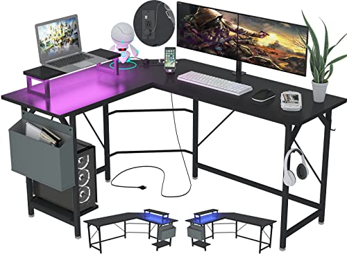 SZXKT Gaming Desk with Monitor Stand and Power Outlets,l Shaped Desk with Storage and LED Lights,Home Office Reversible Corner Computer Desk with Hooks (Black)