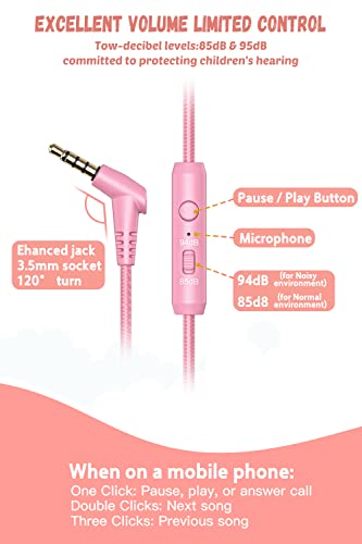 New bee Kids Headphones for School with Microphone KH20 Wired HD Stereo Safe Volume Limited 85dB/94dB Foldable Lightweight On-Ear Headphone for Girl/Mac/Android/Kindle/Tablet/Pad (Pink)