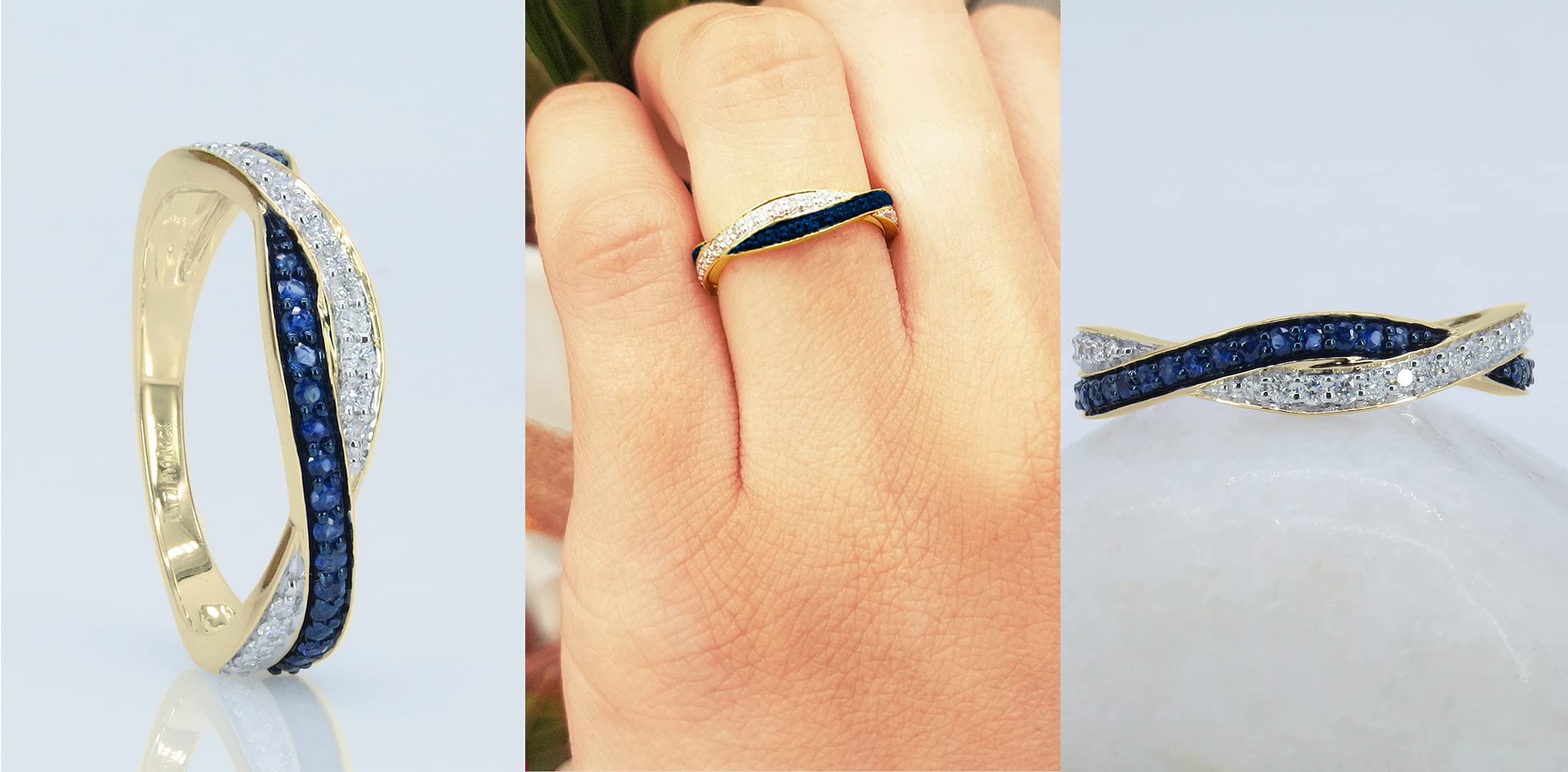 Dazzlingrock Collection Blue Sapphire & White Diamond Swirl Stackable Wedding Band in 14K Yellow Gold Size 9