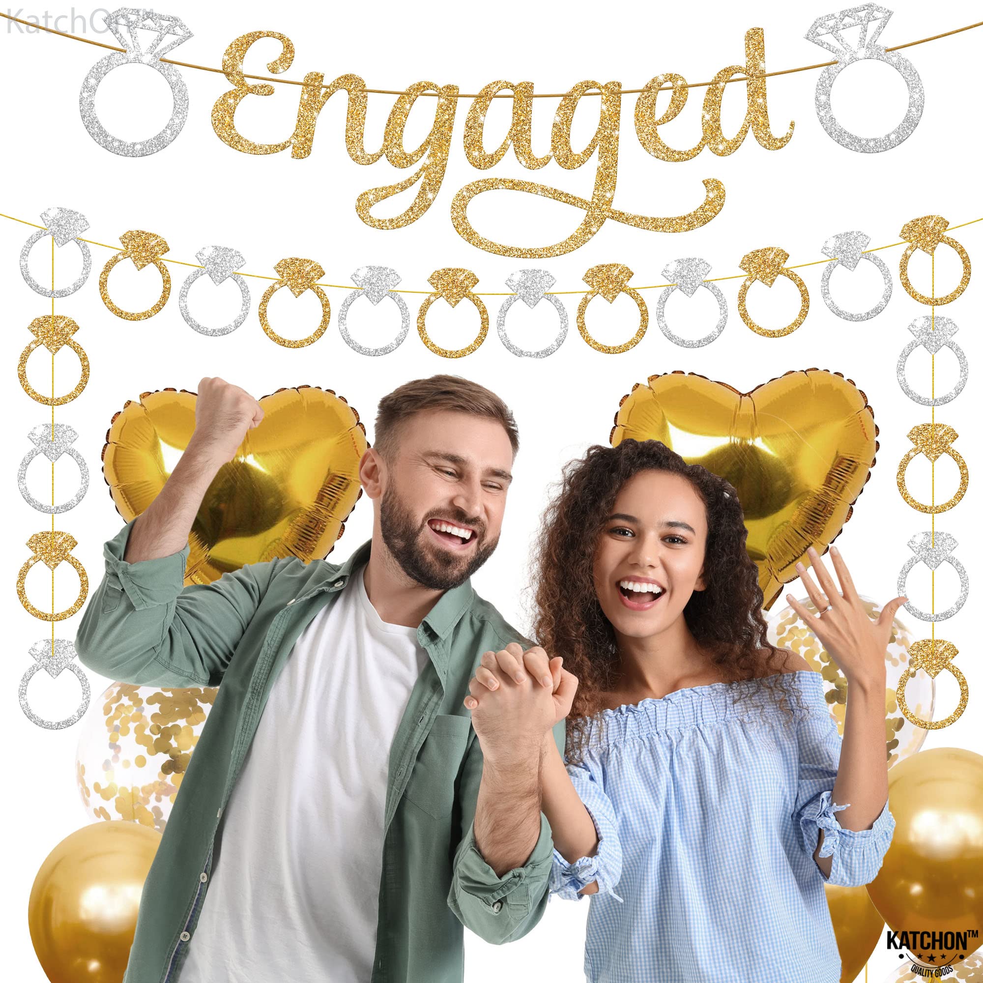 KatchOn, Pre-Strung Gold and Silver Glitter Engaged Banner - 2 String, 10 Feet, No DIY | Engagement Party Decorations | Engagement Banner for Bachelorette Party Decorations, Engagement Decorations