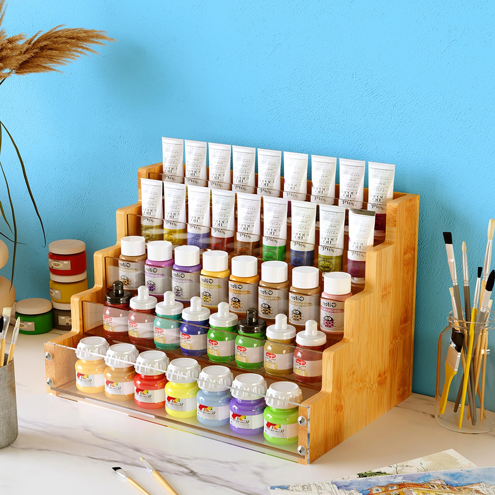 LUMAMU Paint Organizer, 5 Tiers Craft Paint Storage Organizer, Bamboo Paint Holder Organizer for 2oz Paint Tube and Bottles, Paint Storage Rack for Miniature Paints