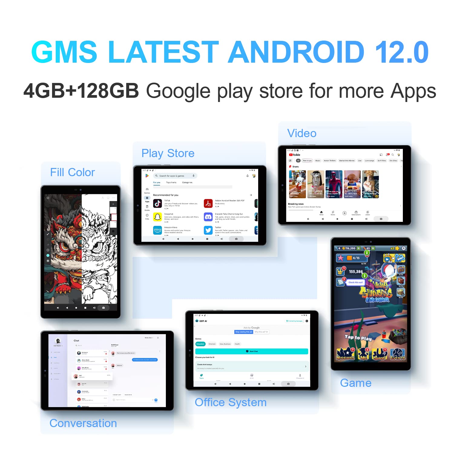 FILY F8 Android12 Tablet, 8 inch Tablet, 4GB+128GB Storage, Quad-Core Processor, 2.0Ghz, Full Metal Cover, Bluetooth5.2, Google GMS Tablet, 5G/2.4G Wi-Fi, HD Touch Screen, USB-C Fast Charge (Blue)