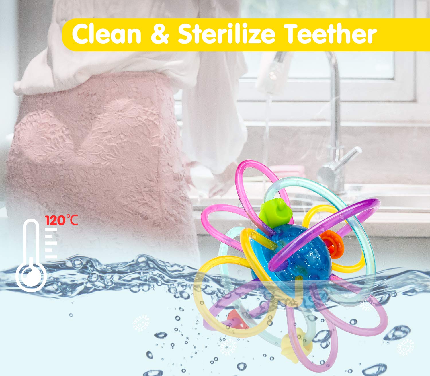 Zooawa Baby Teether, Soft Rattle and Sensory Ball Teething Toy for Pain Relief, BPA-Free Teether Ball Rattle Toy for Infants and Toddlers All Ages, Easy to Hold, Translucent