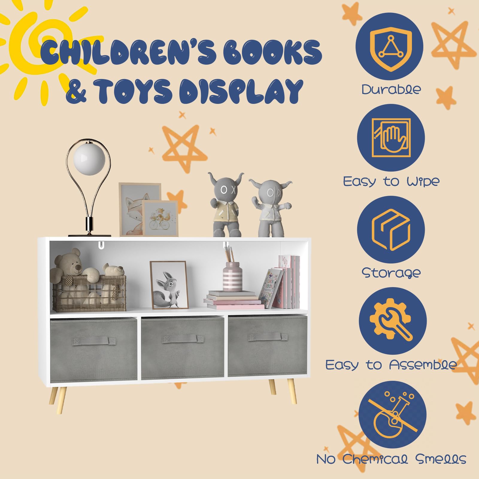 Kids Bookcase and Bookshelf Multi Shelf Cubby with 3 Collapsible Fabric Drawers Kid's Book and Toy Display Rack Toy Storage Cabinet Organizer for Playroom Nursery Children's Room School, White+Grey