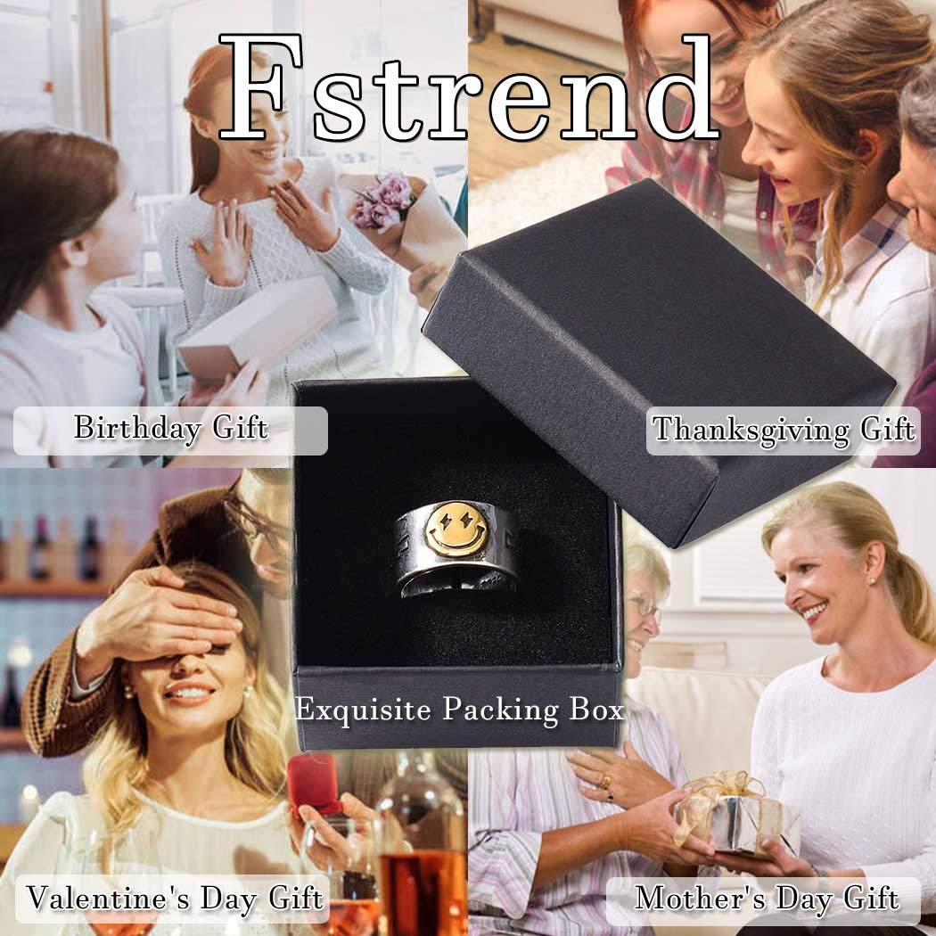 Fstrend Smiley Face Ring Vintage Stainless Steel Rings Retro Statement Band Adjustable Smiling Open Ring Jewelry for Women and Girls(Gold)