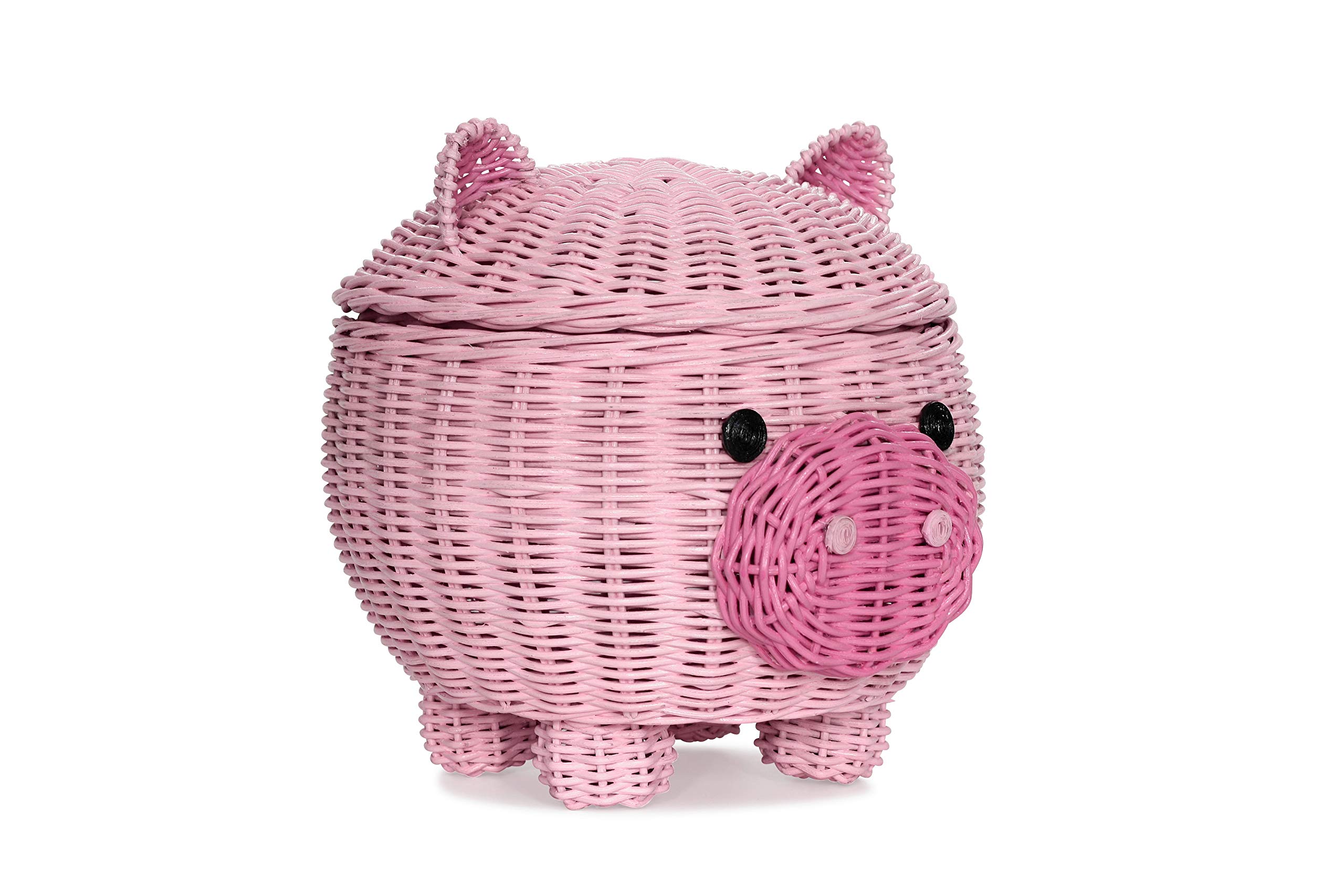 G6 COLLECTION Pig Rattan Storage Basket with Lid Decorative Bin Home Decor Hand Woven Shelf Organizer Cute Handmade Handcrafted Nursery Gift Animal Decoration Artwork Wicker Pink Piggy (Large)