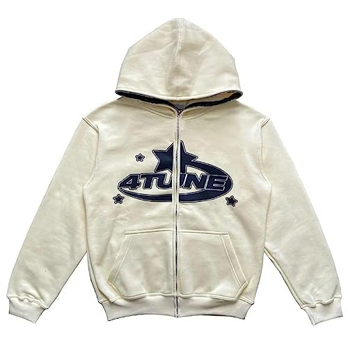 KOSUSANILL Y2k Star Printed Hoodie Zip Up Women Oversized Graphic Gothic Sweatshirt Girls Harajuku Grunge Punk Sweater Jacket (Beige Star, XXL)