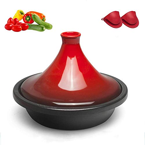 Thickened Cast Iron Tagine Pot, with Gloves Potholder, for Different Cooking Styles and Temperature Settings, Enameled Tajine, Oven Safe Dish Clay / 27cm / Red