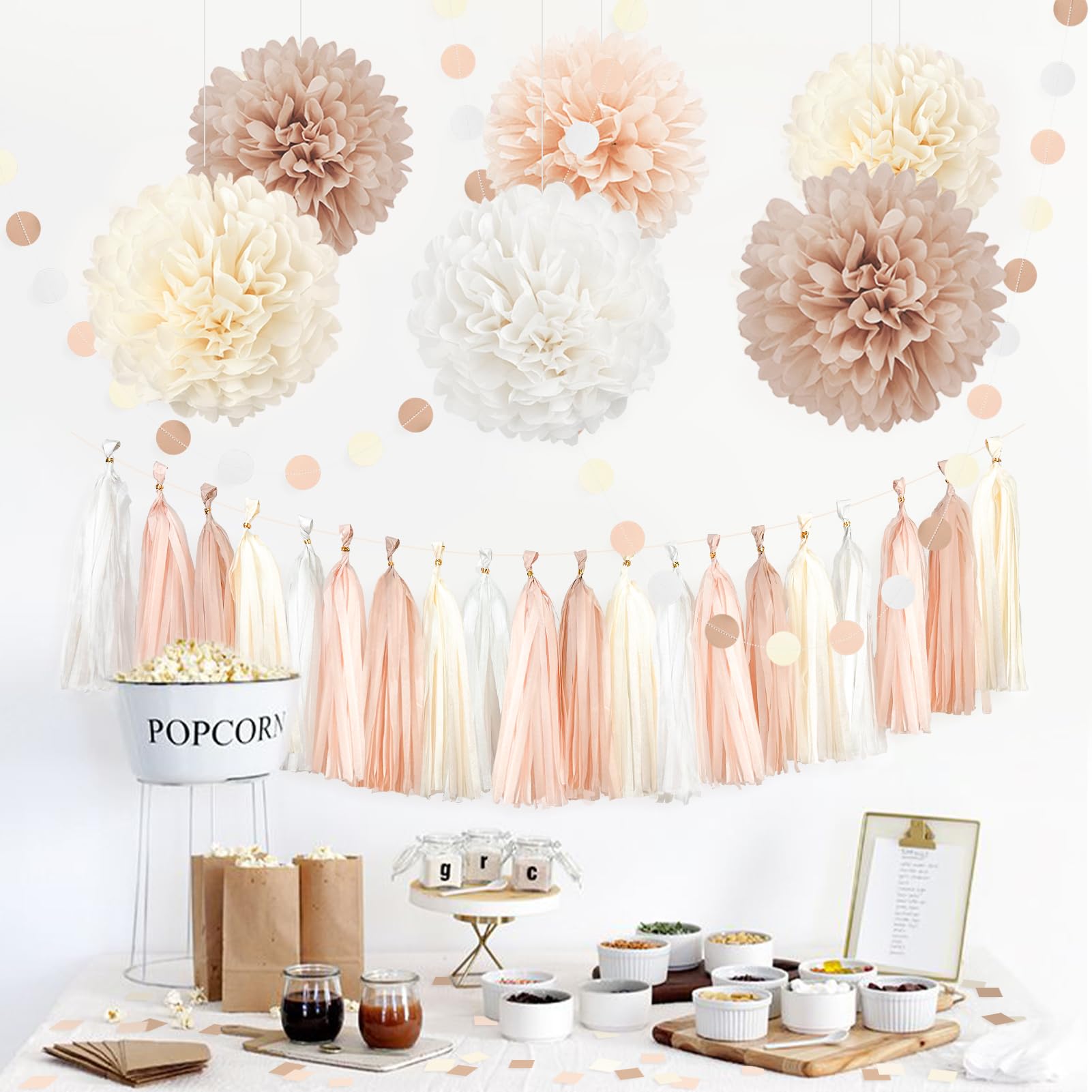 NICROHOME Boho Bridal Shower Decorations, Rustic Neutral Creamy White Tissue Paper Pom Poms Tassel, Dots Paper Garland Decorations Packages for Wedding Baby Shower Birthday Party Table Decorations