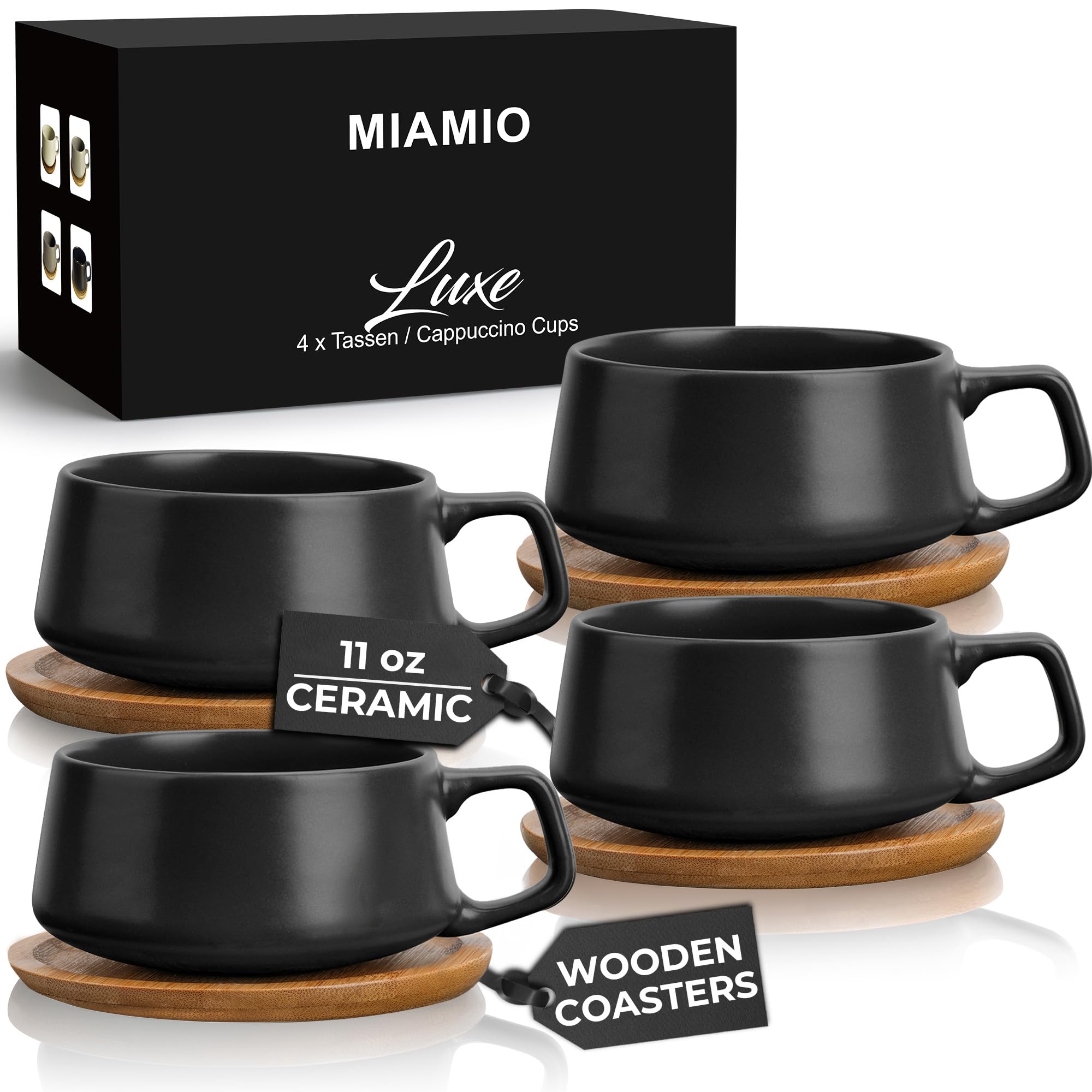 MIAMIO β 11 Oz., Set of 4 Ceramic Tea Cup and Saucer Bamboo/Tea Mug - Wide Cappuccino Cup, Coffee Cups Ceramic Mug for Cappuccino, Latte, Espresso & Americano - Luxe Collection (Black)