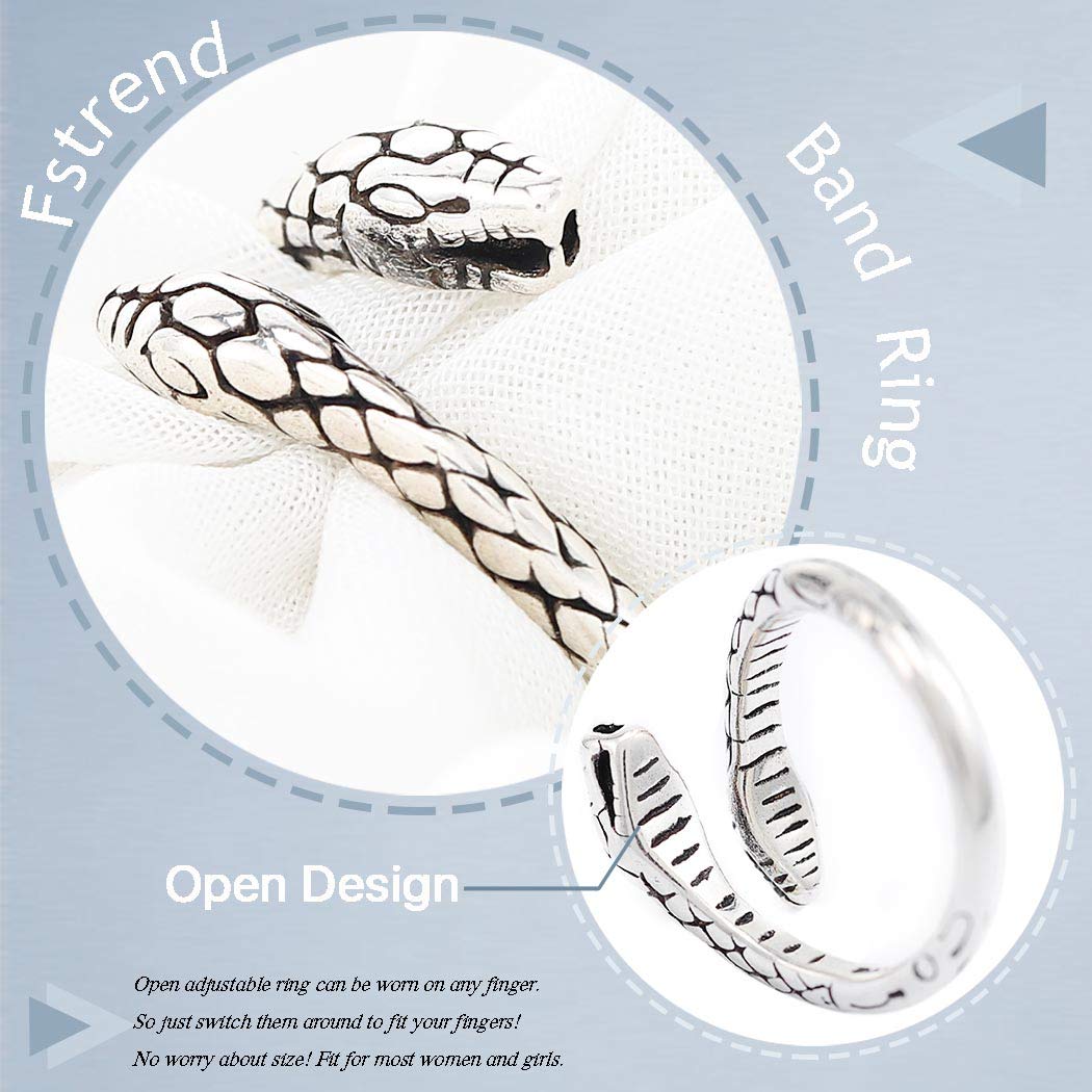 Fstrend Vintage Band Ring Silver Snake Women's Statement Ring Retro Open Stainless Steel Adjustable Rings Jewelry for Women and Girls