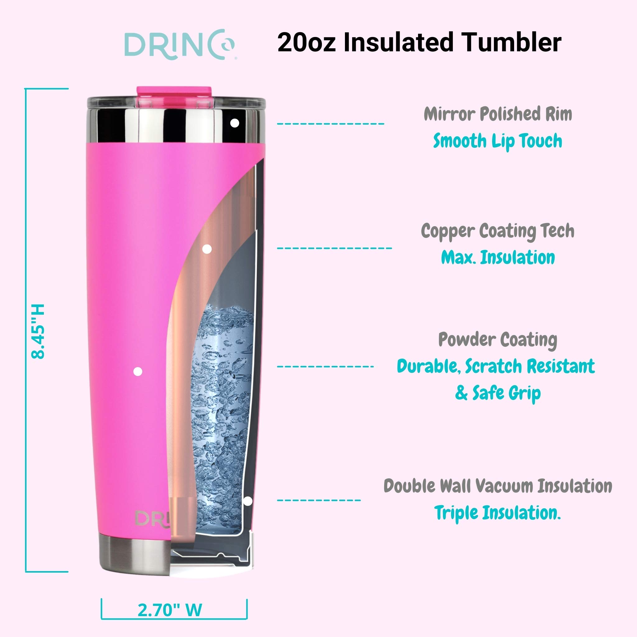 Drinco - 20 oz Stainless Steel Tumbler | Double Walled Vacuum Insulated Mug With Lid, 2 Straws, For Hot & Cold Drinks (20oz, 20oz Island Pink)