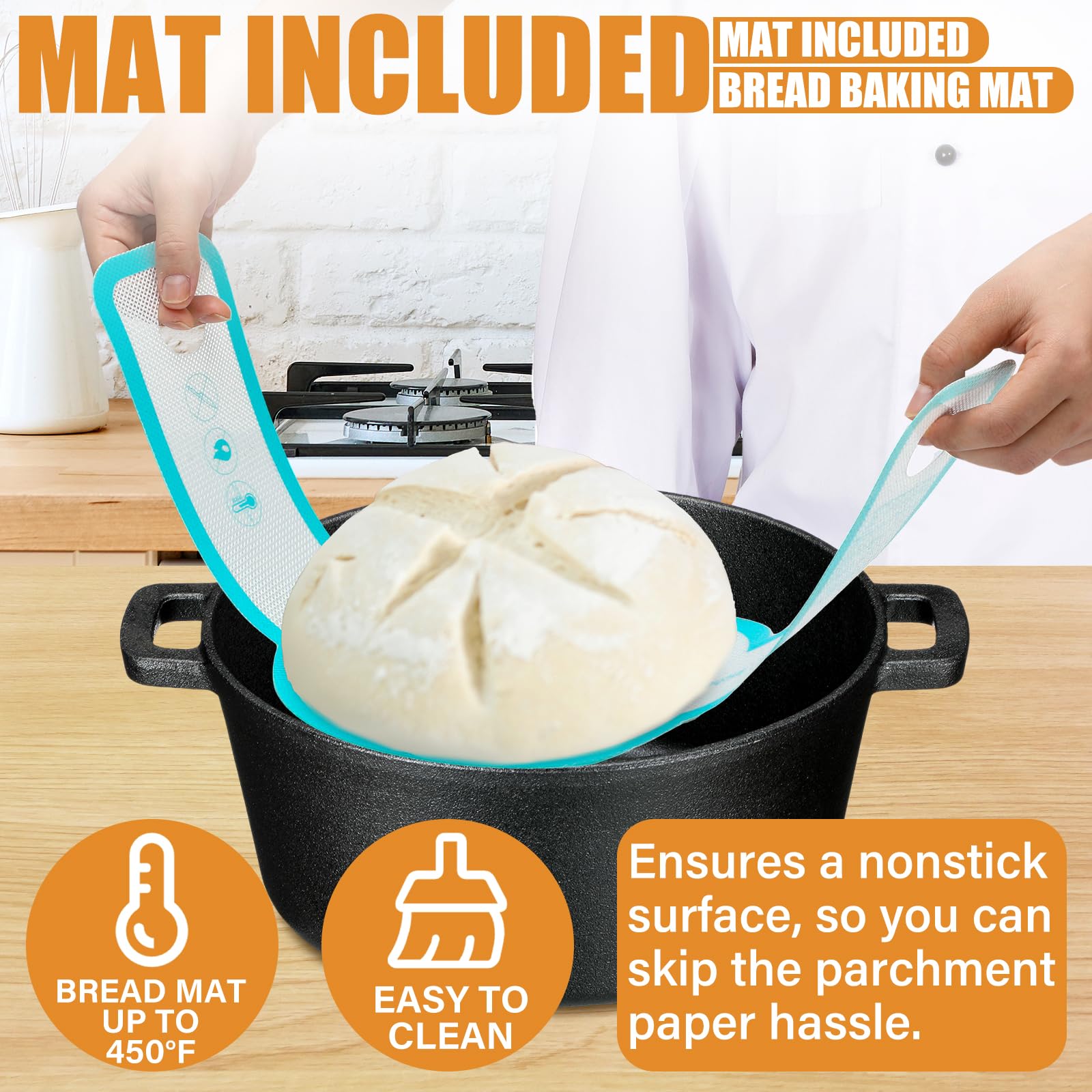 Jingmore 2 in 1 Cast Iron Bread Pan with Lid,10'' Cast Iron Dutch Oven for Bread Baking,5 QT Pot and 2 Quart Skillet Lid Pan with Dual Handles, Dutch Oven for Sourdough with Silicone Baking Mat