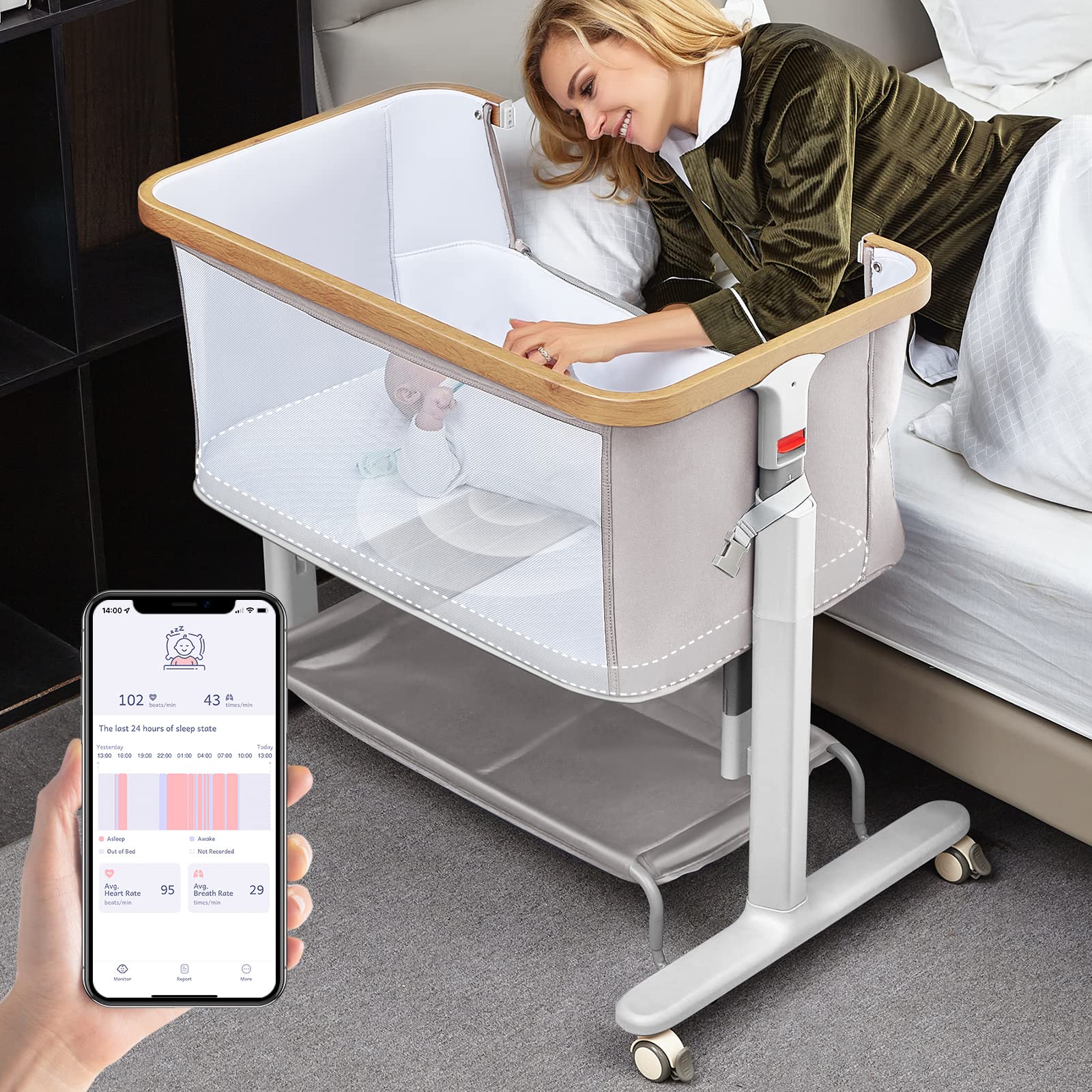 RONBEI Baby Bassinet with Breathing Baby Monitor, Bedside Sleeper with Storage Basket and Wheels, Easy Folding Bassinets for Baby and Monitor Baby Heart Rate Breathing Rate