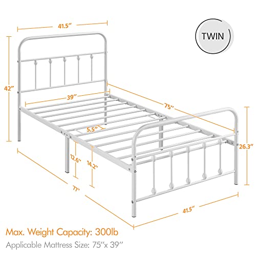Topeakmart White Sturdy Metal Platform Bed Frame Mattress Foundation Iron-Art with Classic Victorian Style Headboard and Footboard Under Bed Storage No Box Spring Needed Twin Size