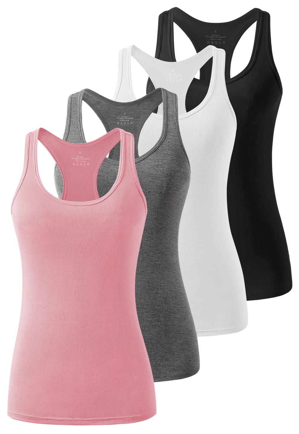 Femdouce Racerback Workout Tank top for Women Activewear Running top Yoga 4 Pack Black/White/Grey/Pink L