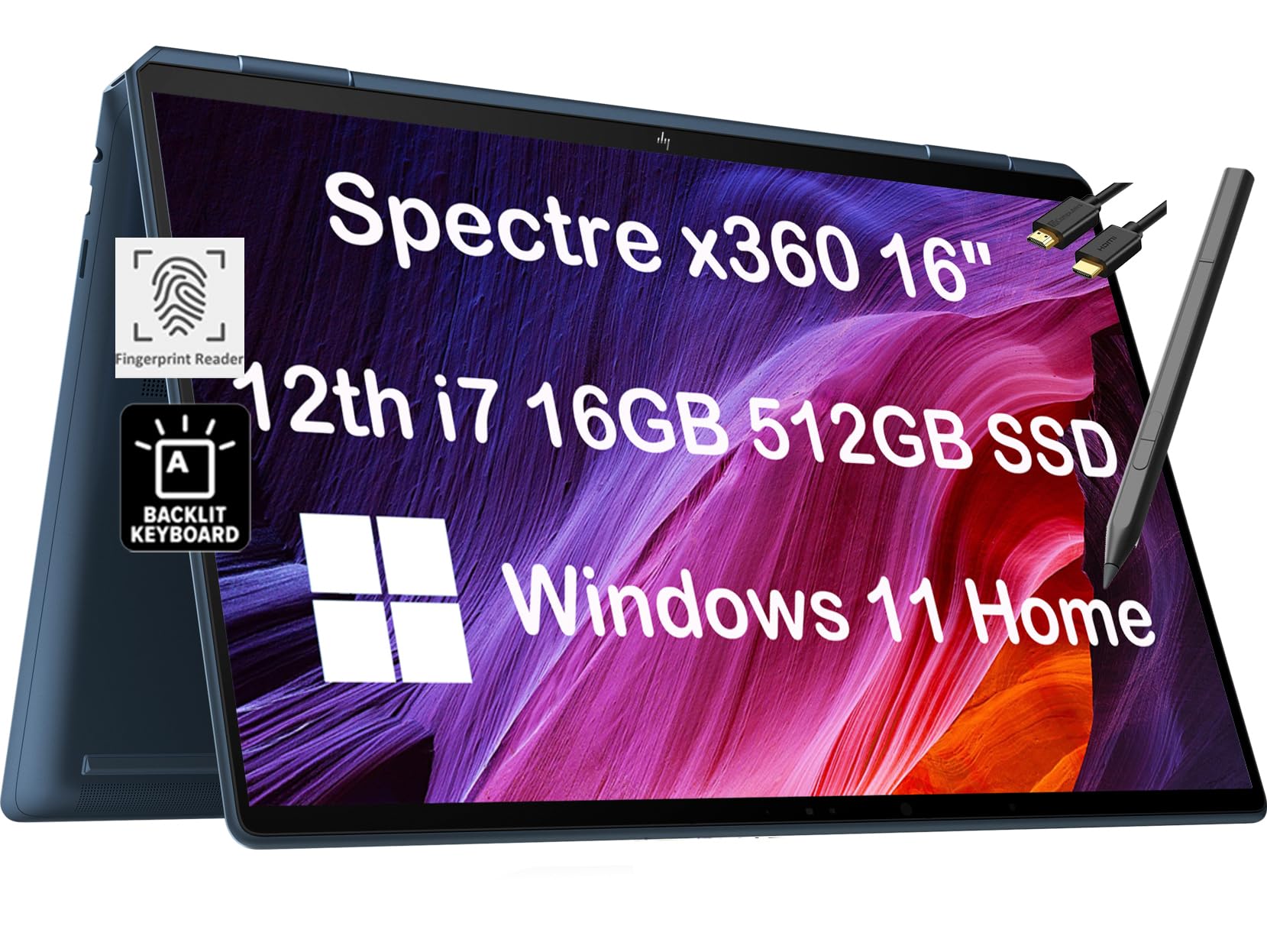 HP Spectre x360 2-in-1 Business Laptop (16" 3K Touchscreen, Intel 14-Core i7-12700H, 16GB RAM, 512GB SSD, Stylus) Long Battery Life, FP, Backlit, Thunderbolt 4, Wi-Fi 6E, IST Cable, Win 11 Home