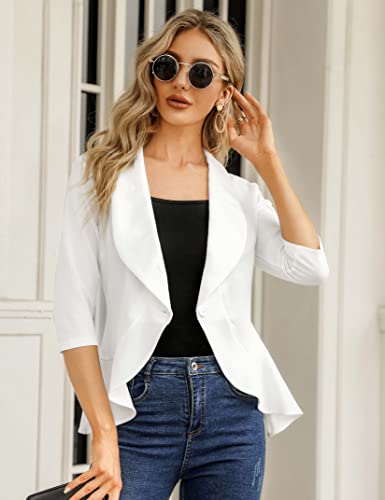 KOJOOIN Womens Casual Blazer 3/4 Sleeve Open Front Ruffle Work Office Cardigan Suit Jacket White XL