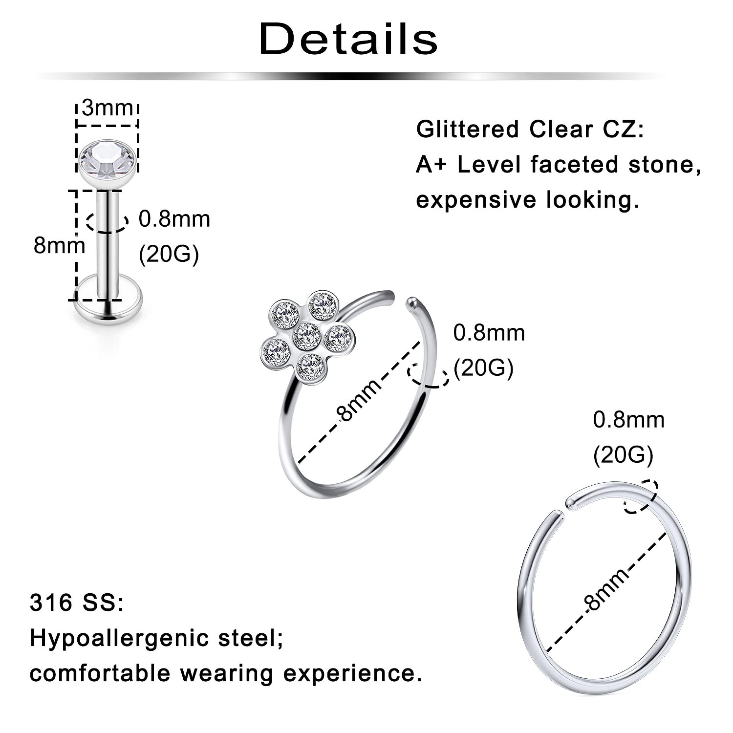 Ftovosyo 20G Threadless Push in Nose Studs Surgical Steel Nose Rings Hoop for Women Men Paved CZ Flower Threadless Nose Piercing Jewelry Double Nose Ring for Single Piercing Set