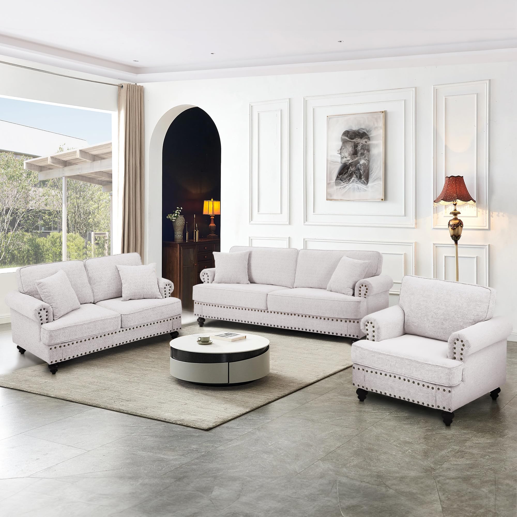 Mid Century Modern Sofa Set, 22" Extra Deep Seat juegos de muebles de sala Comfy Chenille Upholstered Living Room Furniture Sets with Rolled Arms Nailhead Trim (White, 3 Pieces A)