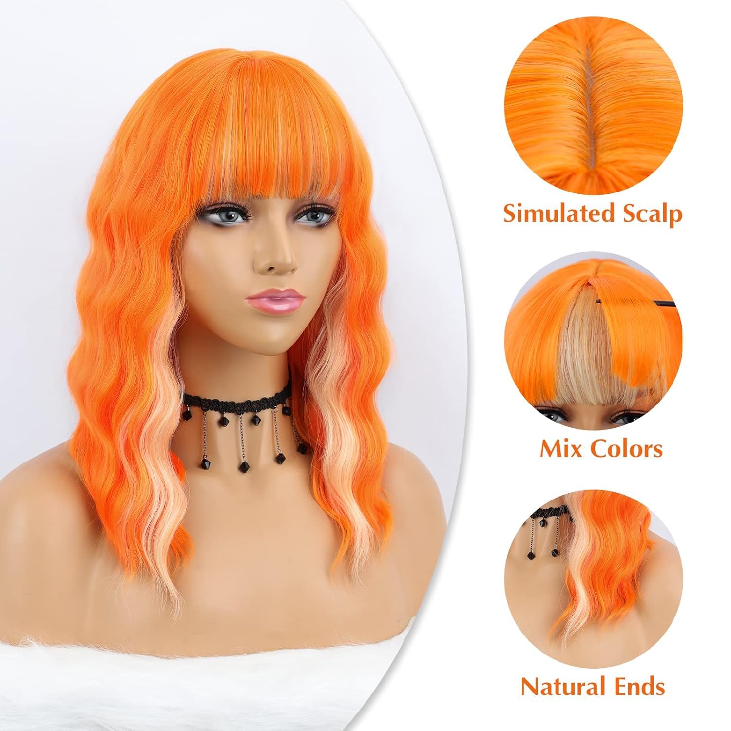 LUNDEREN Short Wavy Wig with Bangs for Women Shoulder Length Synthetic Highlight Heat Resistant Wigs Daily Party Use, Brown (16 inch