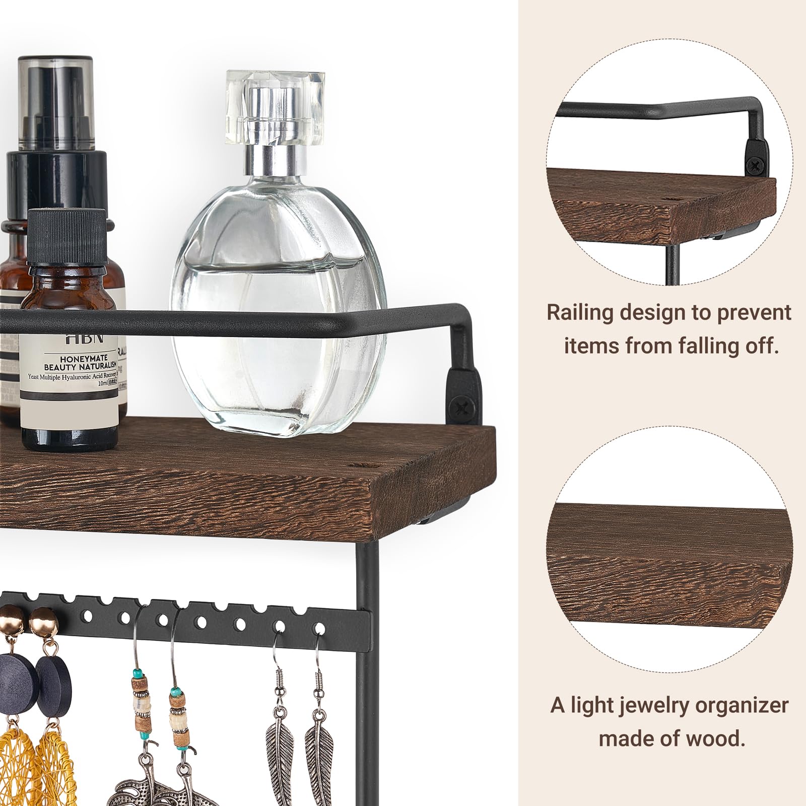Mkono Hanging Jewelry Organizer Wall Mounted Jewelry Organizer Necklace Holder with Rustic Wood Shelf, Ring Display Box, Ear Studs Earring Holder Bracelet Organizer