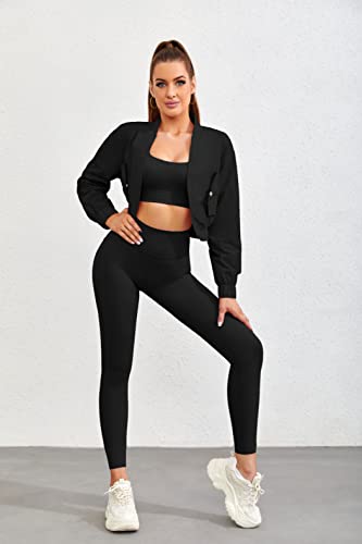 Kolagri Women Long Sleeve Cropped Windbreaker Open Front Quick Dry Thin Bomber Jacket Workout Bolero Jackets Tops Black M
