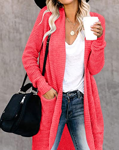 ZESICA Women's 2023 Fall Long Sleeve Open Front Cardigans Casual Lightweight Soft Chunky Knit Draped Sweaters Outerwears,Watermelon,Medium