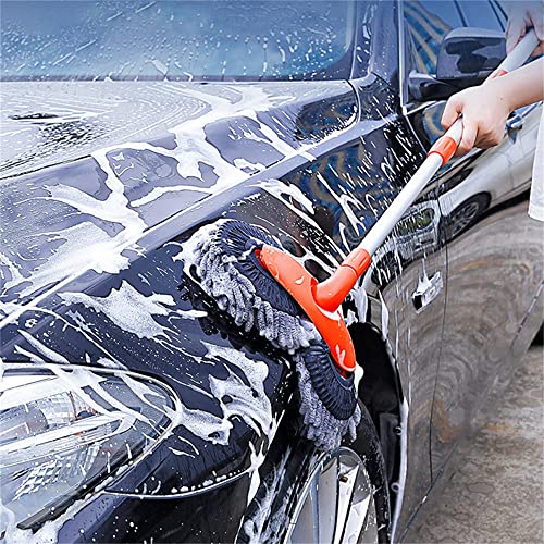 Retractable Double Layer Car Wash Brush, 2022 New Car Wash Brush with Long Handle, Premium Soft Car Wash Mop Scratch-Free Car Wash with 360°Flexible Rotation Microfiber Replacement Head (1 Pcs)