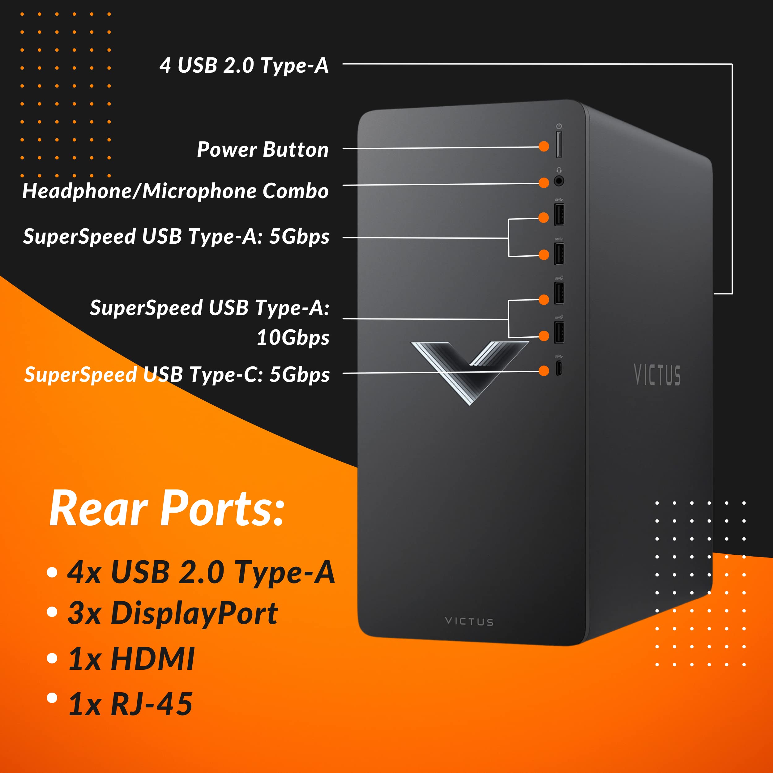 HP Victus 15L PC Gaming Desktop, AMD Ryzen 7 5700G Processor(8 cores,16 Threads), 32 GB RAM, 2 TB SSD, Radeon RX 6600XT Graphics(8 GB GDDR6), WiFi 6, Bluetooth, USB-C, DiplayPort, Windows 11 Home