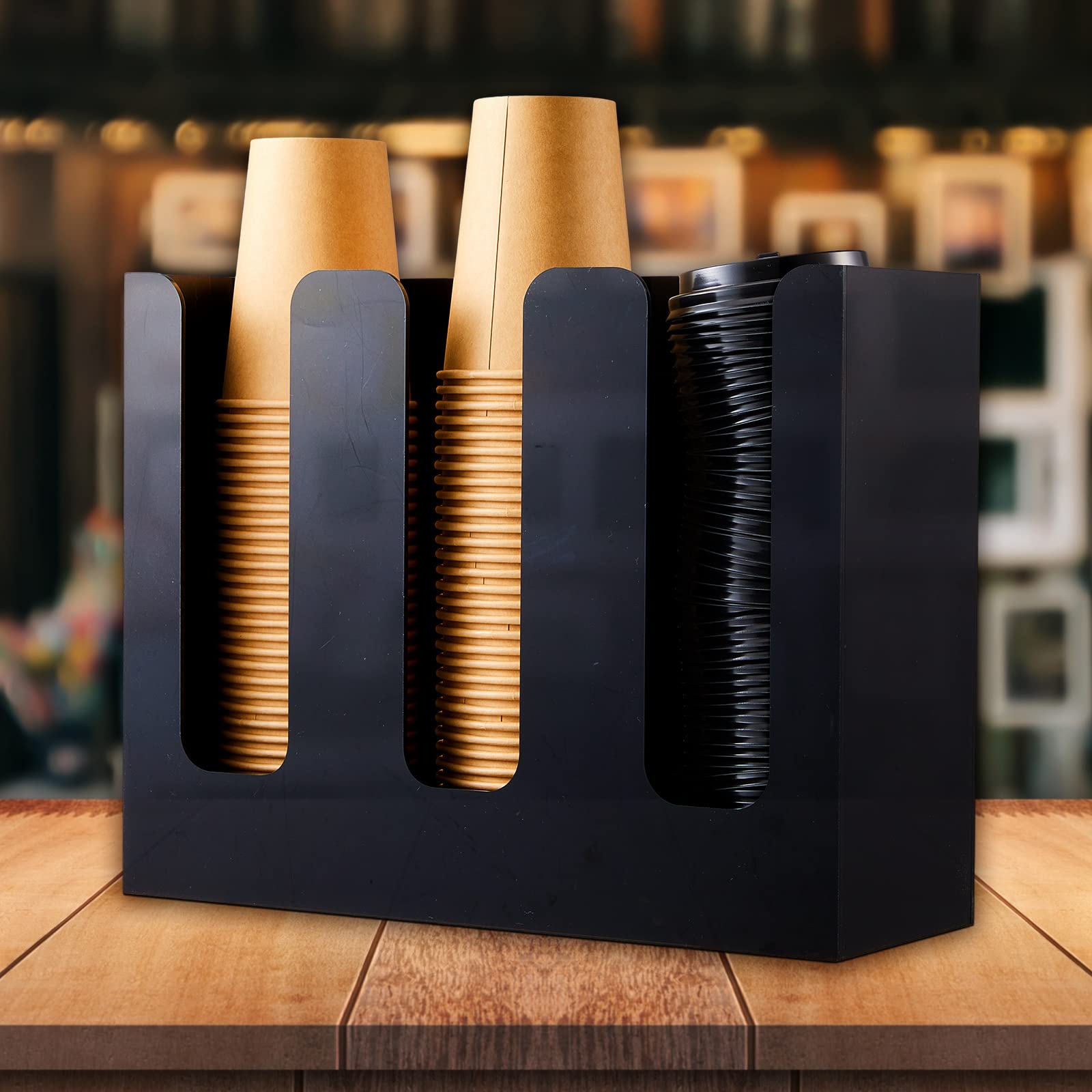 Mumufy 2 Pack 3 Compartments Acrylic Cup Storage Organizer Coffee Cup Dispenser Organizer Disposable Coffee Cup Holder Coffee Organizer Station Paper Cup Lid Sleeve Holder for Restaurant (Black)