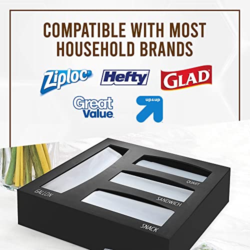 Ziplock Bag Organizer, Bamboo Kitchen Drawer Organizer, Drawer Divider for Snack, Sandwich & Gallon Bags, Kitchen Organizer with 60 Zip Lock Bags, 12x12 inch Box, Black -Total Kitchen Solutions