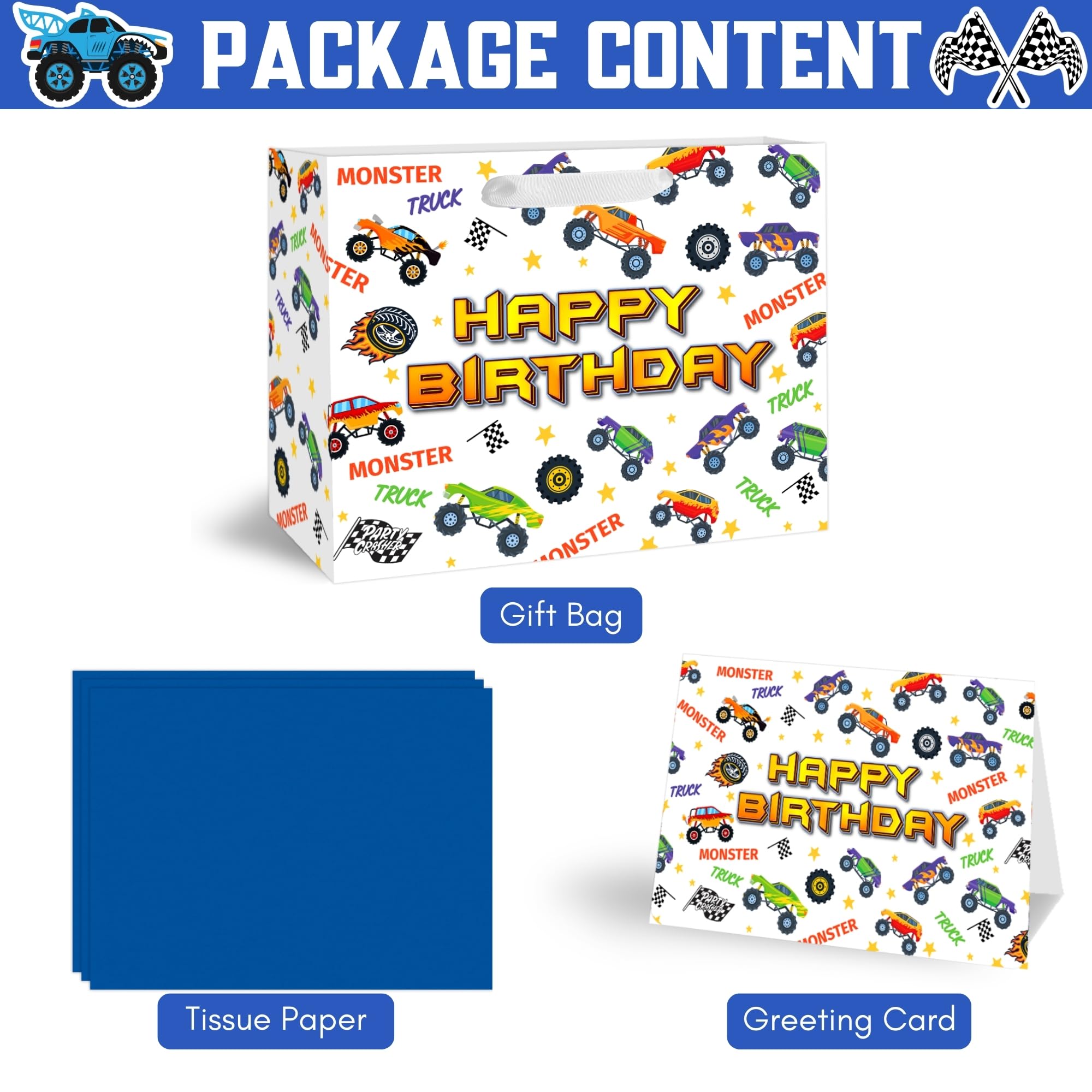 Generic Large 13"" Monster Truck Birthday Gift Bag with Handles, Card, and Tissue Paper for Boys, Car Themed