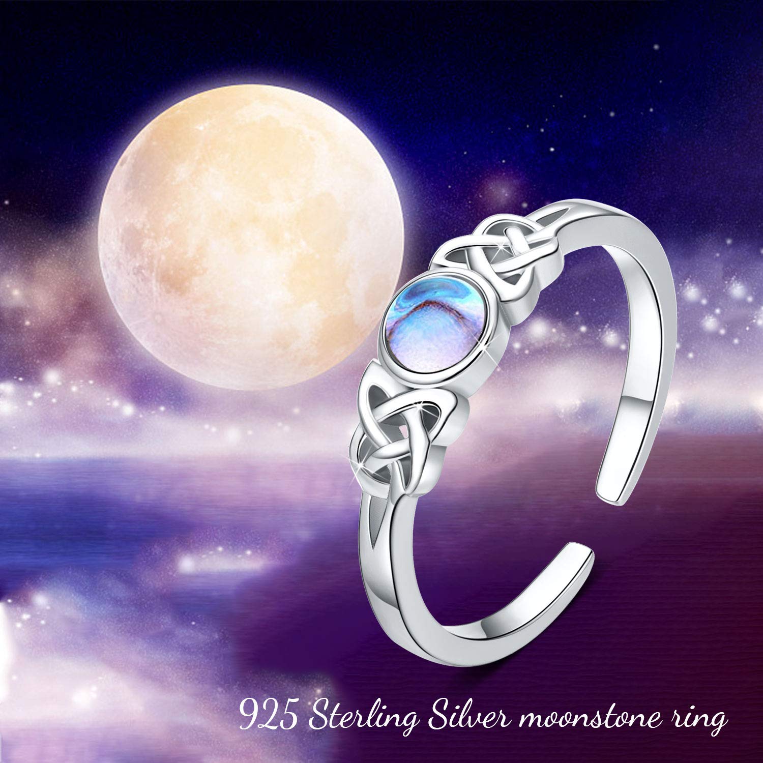 CUOKA MIRACLE Moonstone Rings S925 Sterling Silver Celtic Knot Ring Adjustable Rainbow Moonstone Ring Synthetic Ring Jewelry Gift for Women