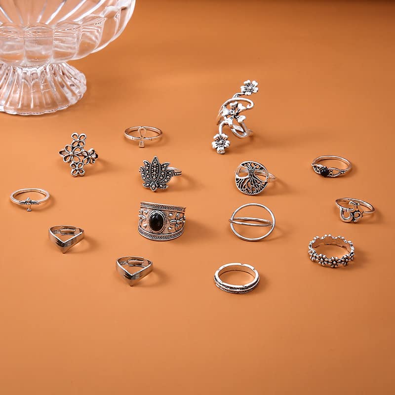 Fashion Ladies Vintage Lotus Openwork Carved Black Gemstone Rings 14 Piece Combination Set (style 1)