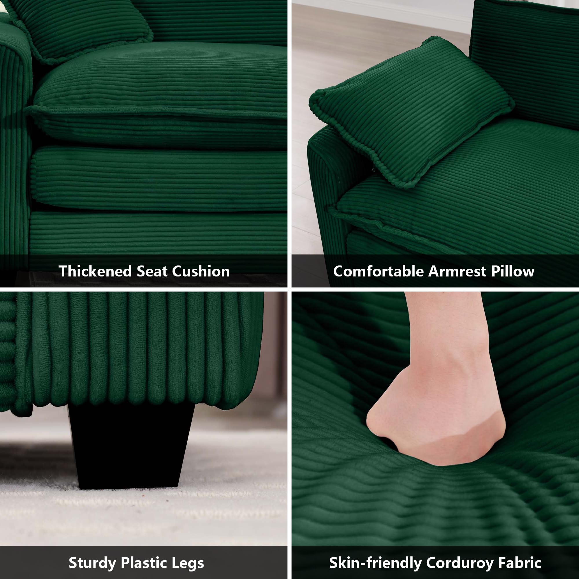 mikibama Luxury Modular Sectional Sofa Chair, 45 Inch Modern Corduroy Comfy Cloud Couches for Living Room Office Bedroom, Deep Sofa Chair with 1 Toss Pillows, Green