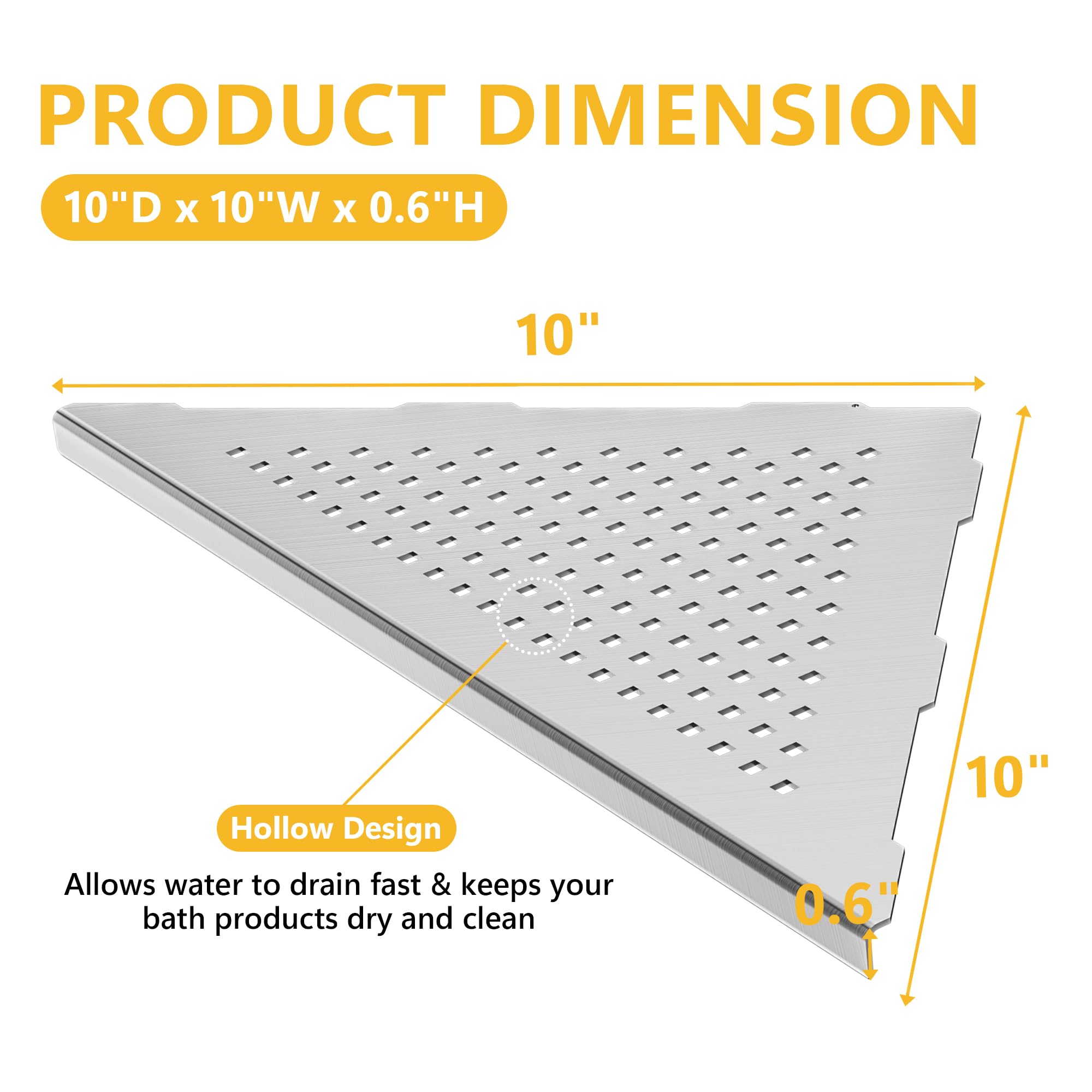 Neodrain 10 Inch Brushed Corner Wall Shelf Set of 2, Floating Corner Shelves for Wall, 304 Stainless Steel Wall Storage Shelves for Bathroom,No Drilling