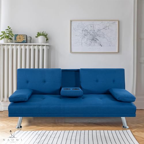 Naomi Home Blue Futon Sofa Bed, Linen Futon Couch with Armrest and 2 Cupholders, Pull Out Sofa Bed Couch with Metal Legs, Reclining Small Couch Bed, Blue Couches for Living Room