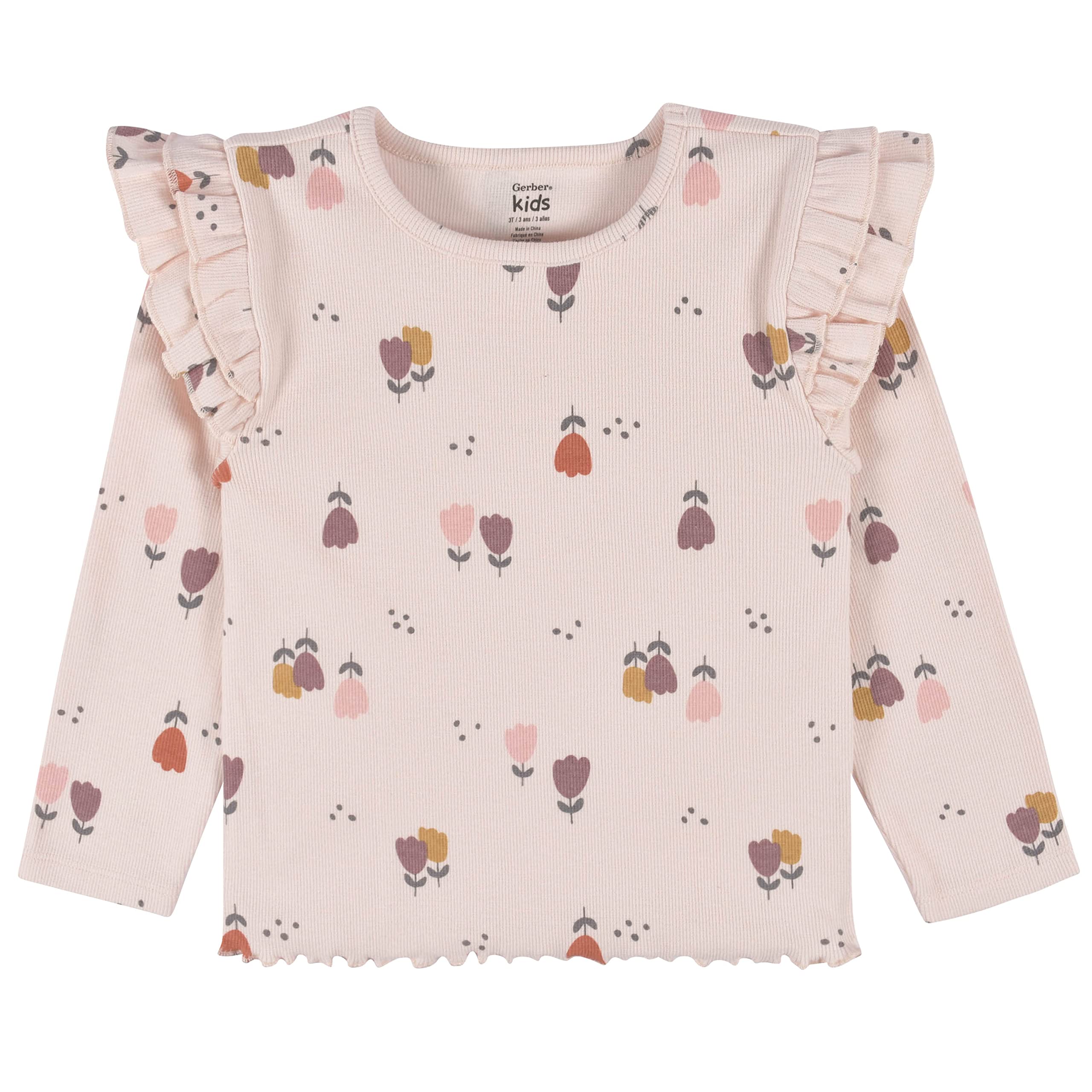 Gerber Baby Girl's Toddler 2-Pack Double Ruffle Long Sleeve Tops, Pink & Purple, 18 Months