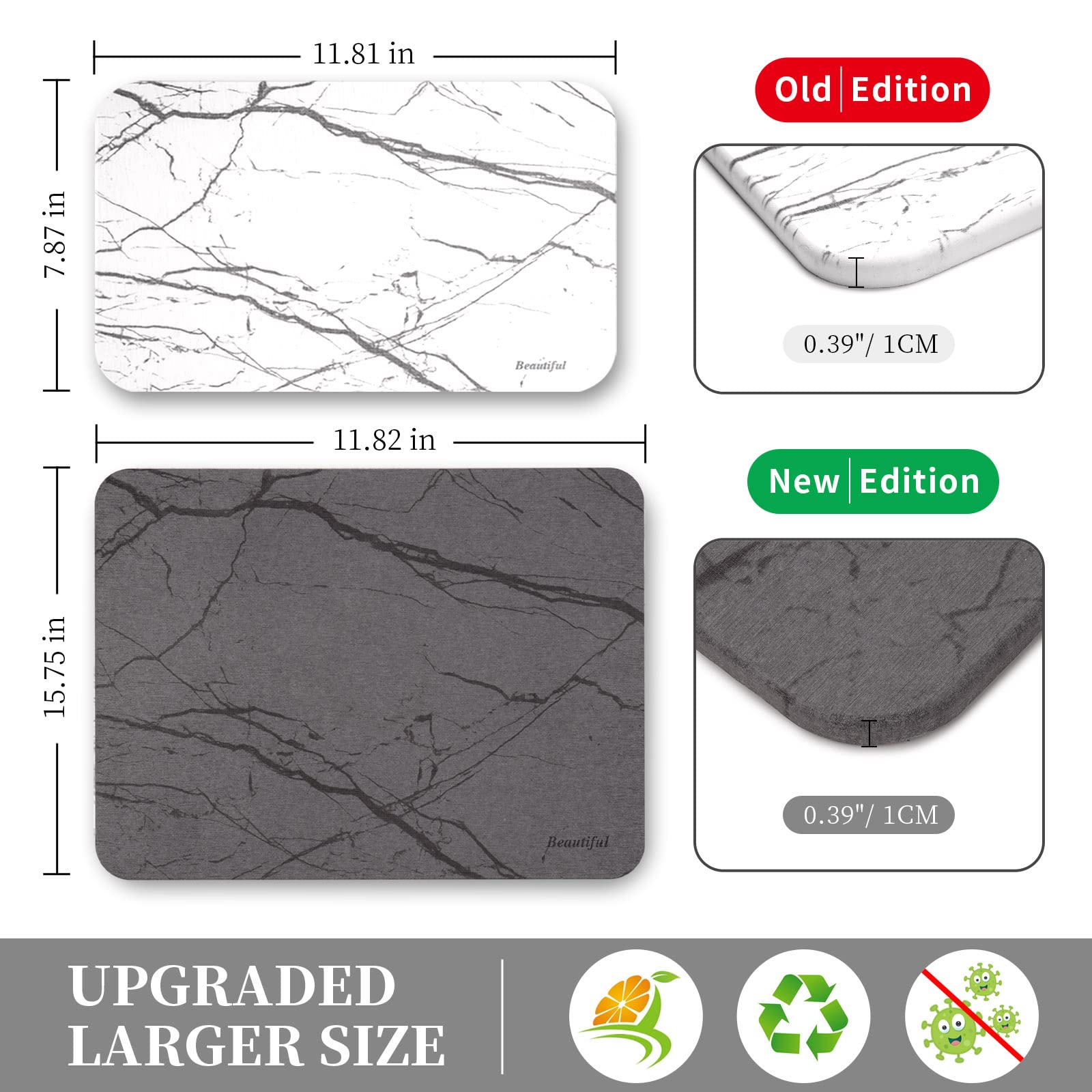 Drying Stone for Kitchen Counter, 16βx12β Diatomaceous Earth Tray, Fast Drying Stone Mat Kitchen, Water Absorbing Stone Tray for Kitchen Bathroom (Grey)