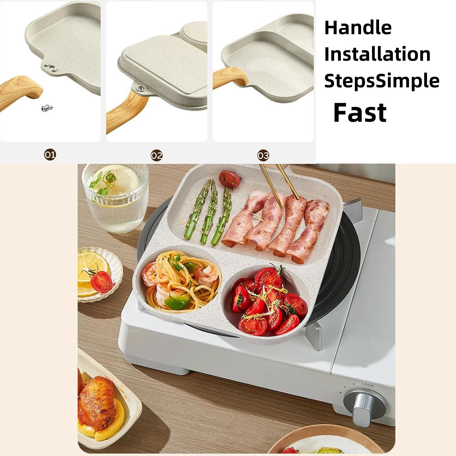 Generic Medical Stone Non-Stick Frying Pan for Breakfast,3 in 1 Egg Pan, Divided Grill Frying Pan,Crepes,Mini Pancake Pan Universal, 7.4*8.6in, White