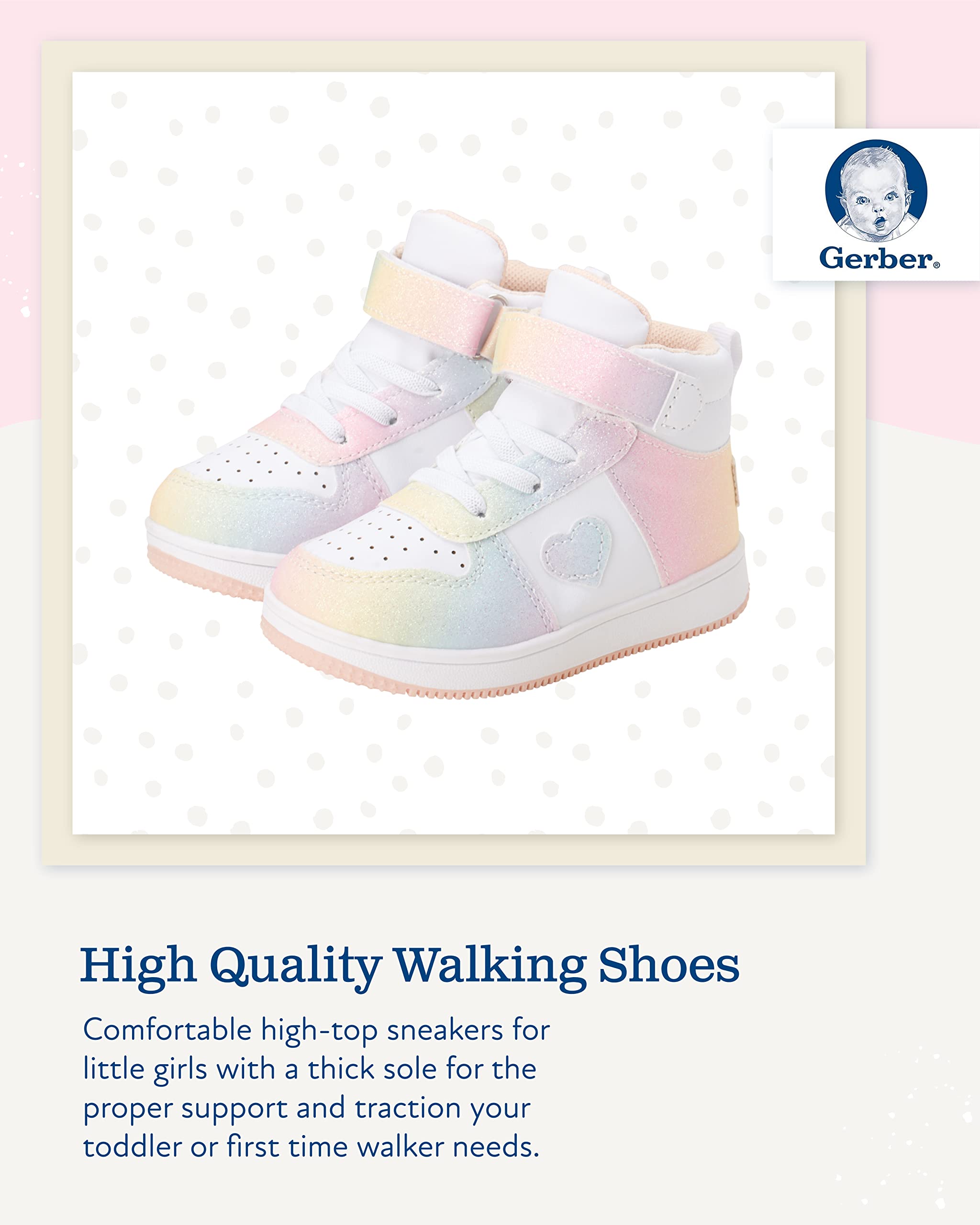 GERBER Baby Girls' Shoes - High Top Ankle Support Walking Shoes (Infant: 3-24 Months), Size 4 Infant, Rainbow Glitter