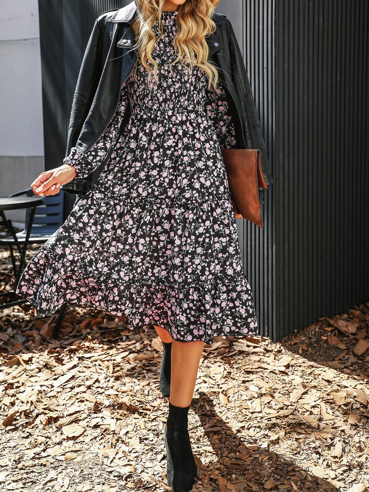CUPSHE Women Floral Print Dress Long Sleeve Mock Neck Smocked Midi Dresses,M
