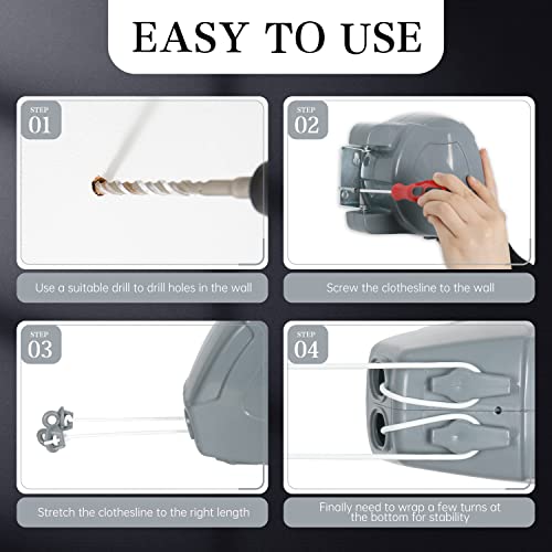 ZOES HOMEWARE Retractable Clothesline Heavy Duty Retracting Clothes Line Outdoor and Indoor with Durable ABS Shell and 2x49 Feet Extruded PVC Line,with Lock to Prevent Sagging Gray