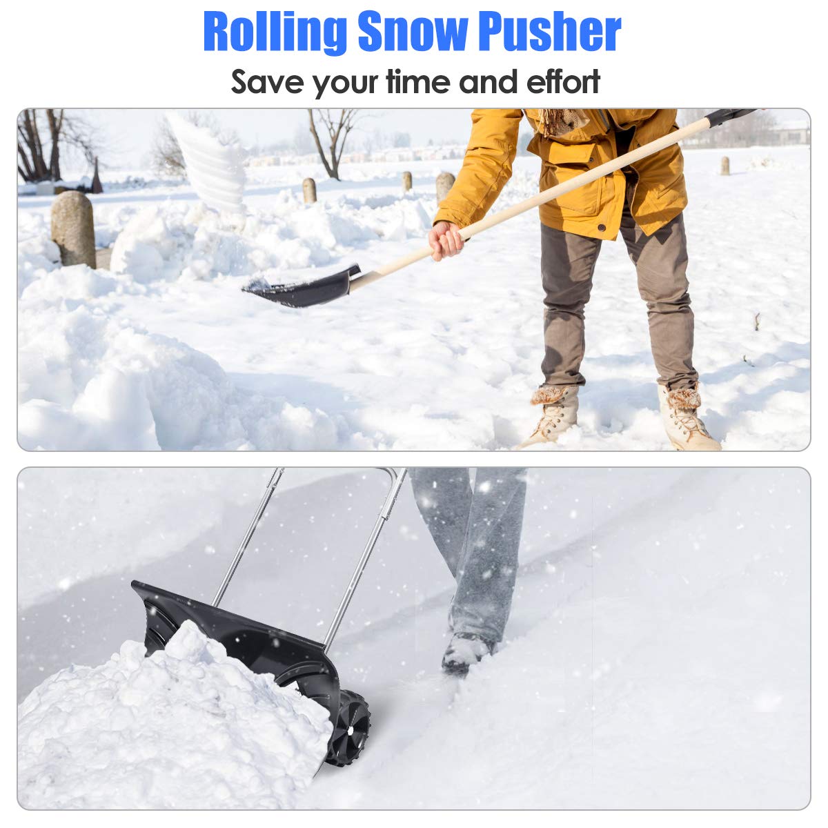 GYMAX Snow Shovel, Rolling Snow Pusher for Driveway, Heavy Duty Snow Plow Shovel with 26β Wide Blade, Built-in Wheels & Adjustable Handle, Wheeled Ergonomic Snow Removal Tools