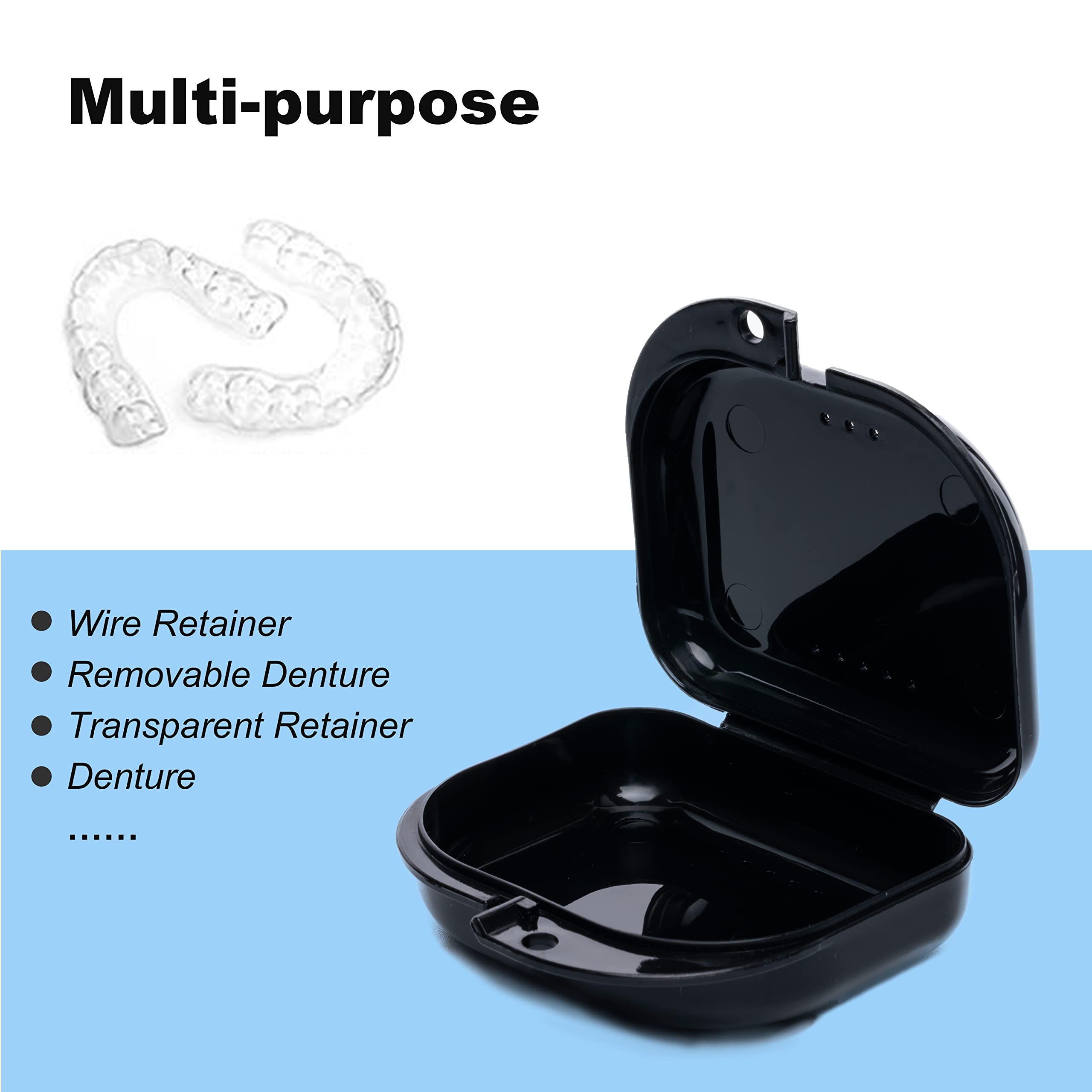 Retainer Case with Vent Holes, 6 Pcs Denture Case, Tight Snap Lock Orthodontic Mouth Guard Case, Black, White, Yellow, Light Purple, Pink and Blue, Easy to Use