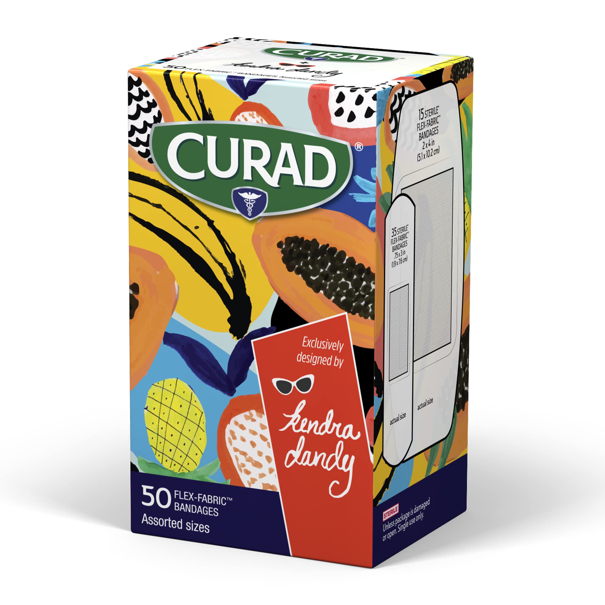 Curad Kendra Dandy Designer Adhesive Fabric Bandages (50 Count Variety Pack), 4 Colorful Patterns, 35 count Standard Bandages & 15 count XL Bandages